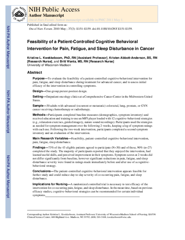 (PDF) Feasibility of a Patient-Controlled Cognitive-Behavioral Intervention for Pain, Fatigue ...
