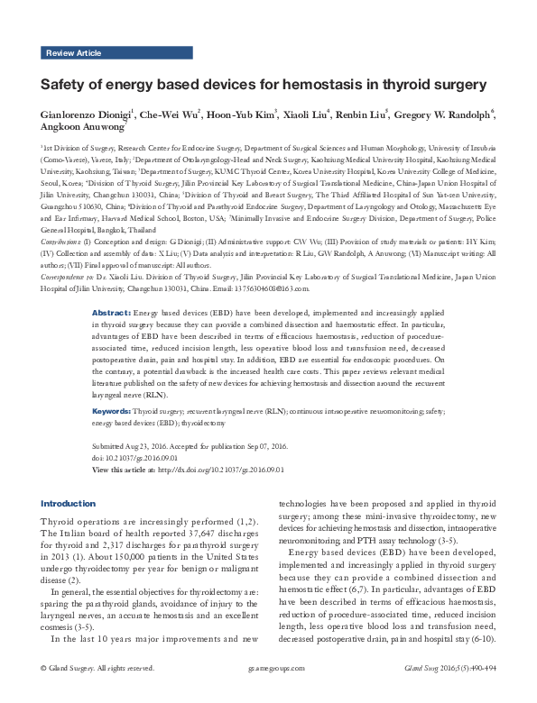 (PDF) Safety of energy based devices for hemostasis in thyroid surgery ...