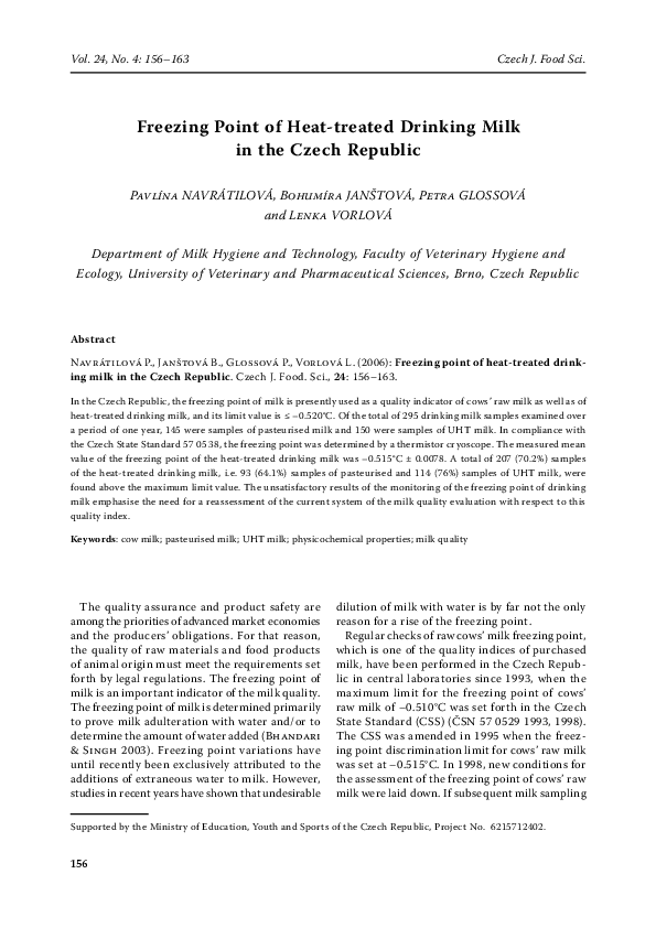 (PDF) Freezing point of heat-treated drinking milk in the Czech Republic