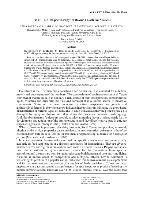 (PDF) Use of FT-NIR Spectroscopy for Bovine Colostrum Analysis
