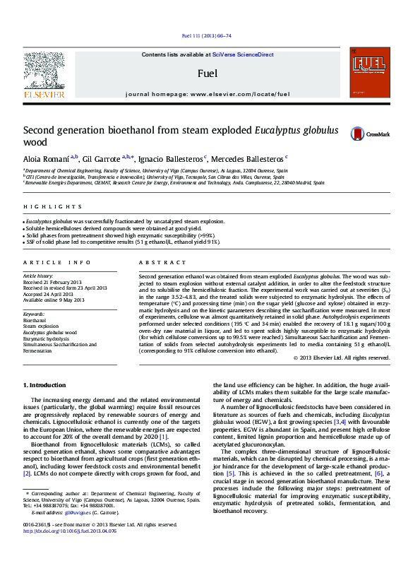 (PDF) Second generation bioethanol from steam exploded Eucalyptus ...