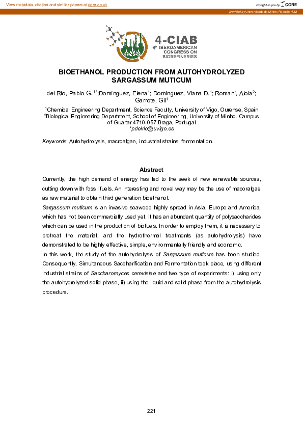 (PDF) Bioethanol production from autohydrolyzed Sargassum muticum