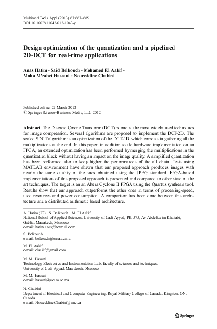 (PDF) Design optimization of the quantization and a pipelined 2D-DCT for real-time applications