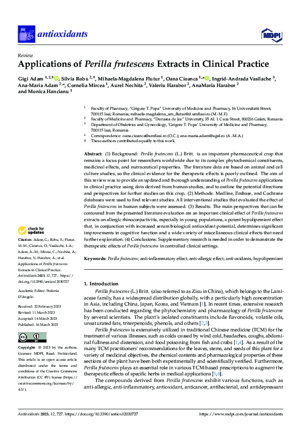 (PDF) Applications of Perilla frutescens Extracts in Clinical Practice