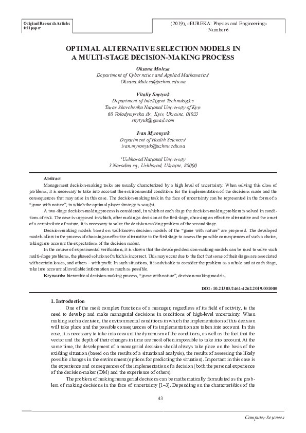 (PDF) Optimal Alternative Selection Models in a Multi-Stage Decision ...
