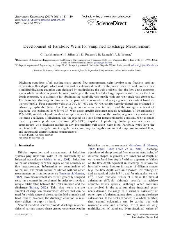 (PDF) Development of Parabolic Weirs for Simplified Discharge Measurement