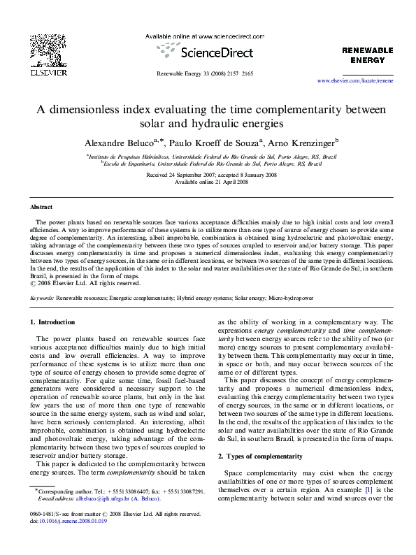Pdf A Dimensionless Index Evaluating The Time Complementarity Between Solar And Hydraulic Energies