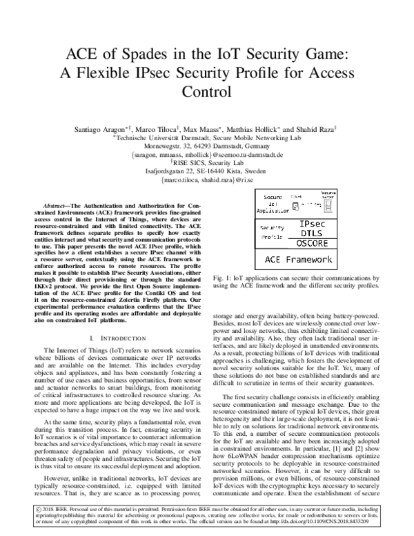 (PDF) ACE of Spades in the IoT Security Game: A Flexible IPsec Security Profile for Access Control
