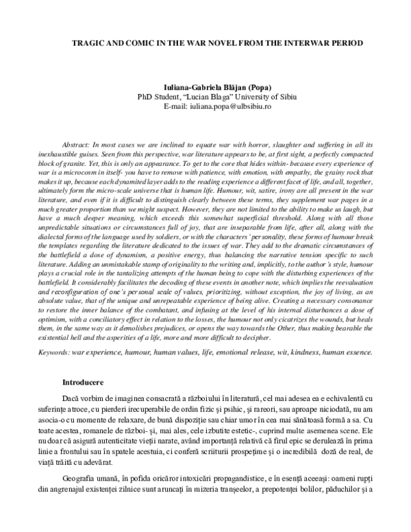 (PDF) TRAGIC AND COMIC IN THE WAR NOVEL FROM THE INTERWAR PERIOD