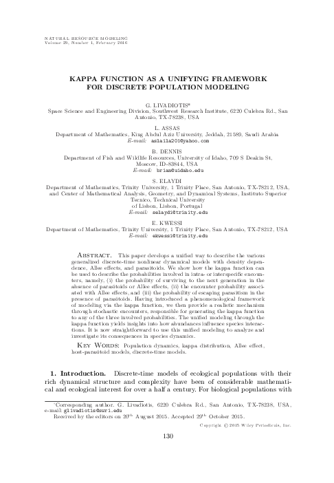Pdf Kappa Function As A Unifying Framework For Discrete Population Modeling