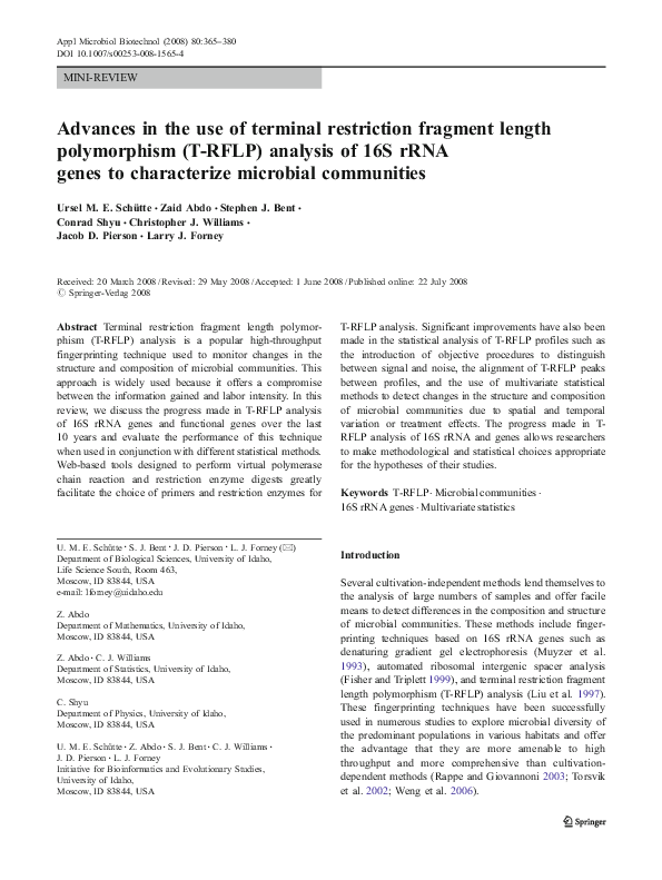 (PDF) Advances in the use of terminal restriction fragment length polymorphism (T-RFLP) analysis ...