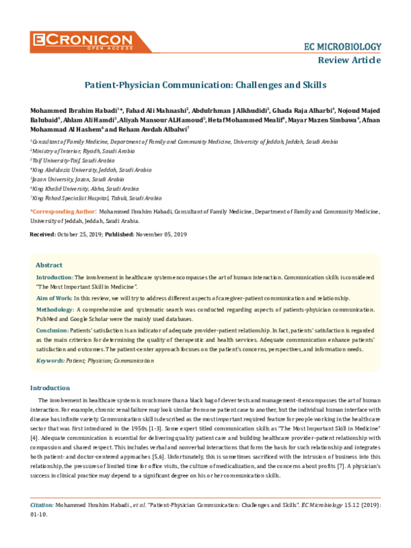 (PDF) Patient-Physician Communication: Challenges and Skills
