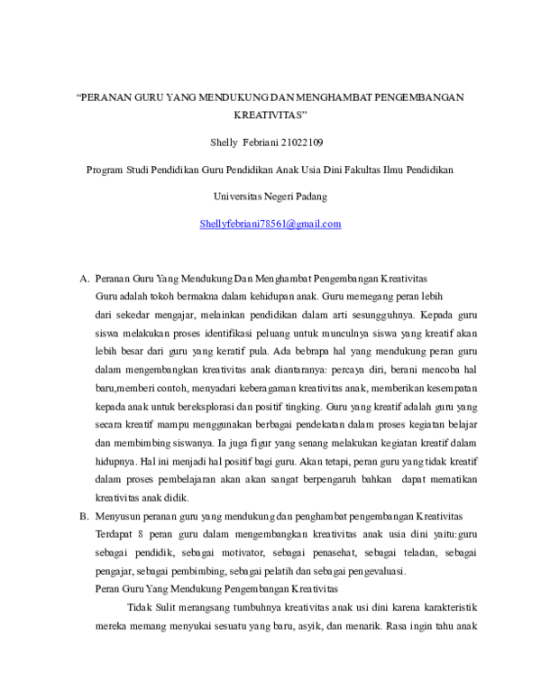 (PDF) "PERANAN GURU YANG MENDUKUNG DAN MENGHAMBAT PENGEMBANGAN KREATIVITAS"