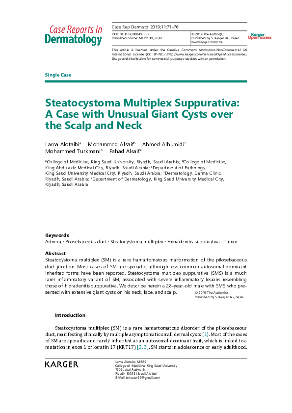 (PDF) Steatocystoma Multiplex Suppurativa: A Case with Unusual Giant ...