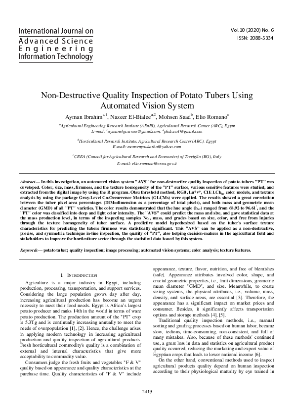(PDF) Non-Destructive Quality Inspection of Potato Tubers Using Automated Vision System | Ayman ...