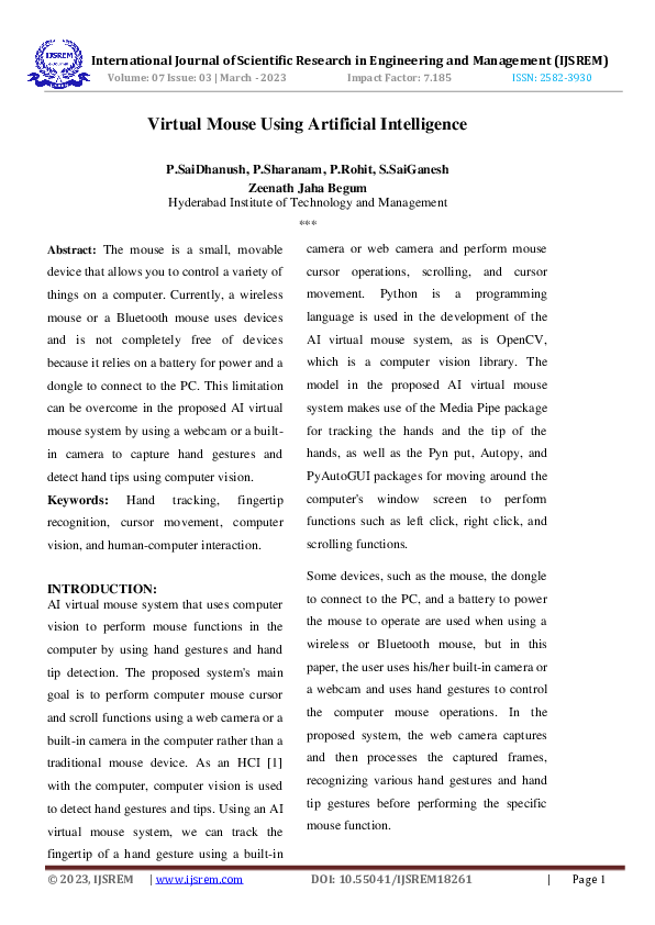(PDF) Virtual Mouse Using Artificial Intelligence