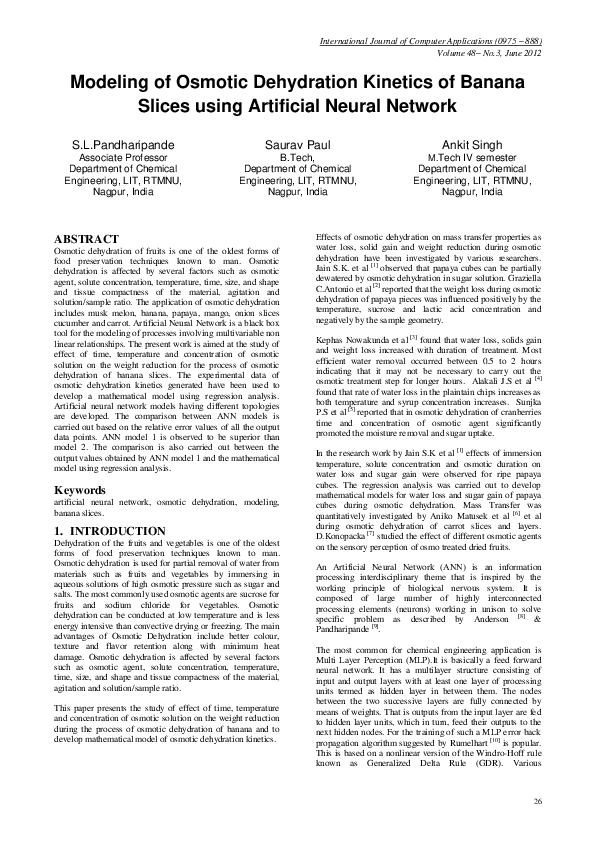 Pdf Modeling Of Osmotic Dehydration Kinetics Of Banana Slices Using Artificial Neural Network
