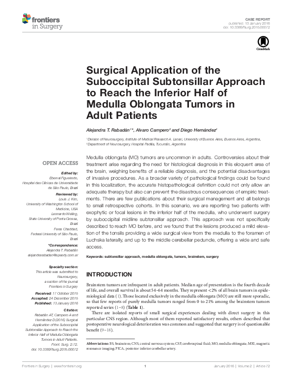 (PDF) Surgical Application of the Suboccipital Subtonsillar Approach to ...