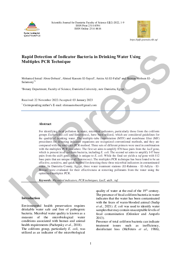 Pdf Rapid Detection Of Indicator Bacteria In Drinking Water Using Multiplex Pcr Technique