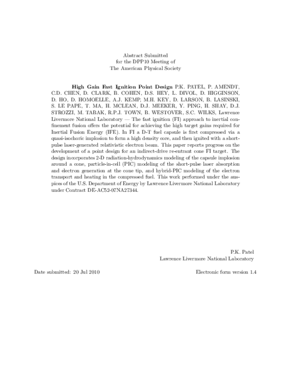 (PDF) High Gain Fast Ignition Point Design