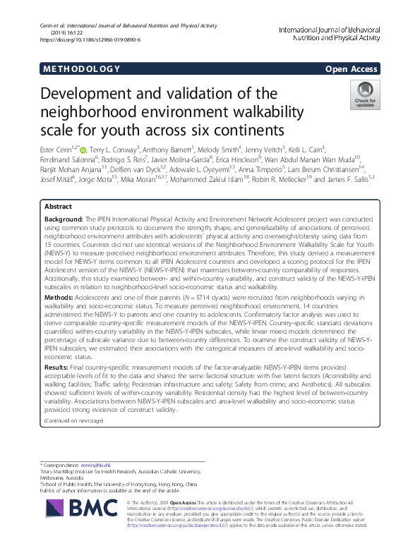 (PDF) Development and validation of the neighborhood environment walkability scale for youth ...