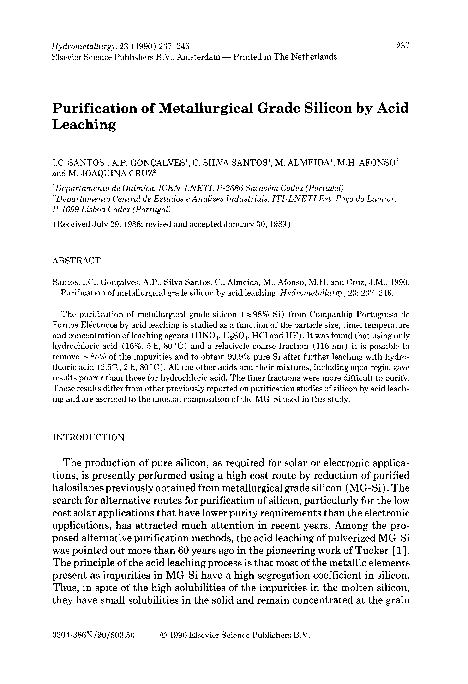 (PDF) Purification of metallurgical grade silicon by acid leaching ...