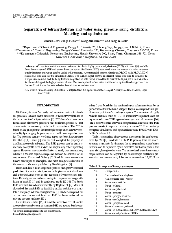 (PDF) Separation of tetrahydrofuran and water using pressure swing distillation: Modeling and ...