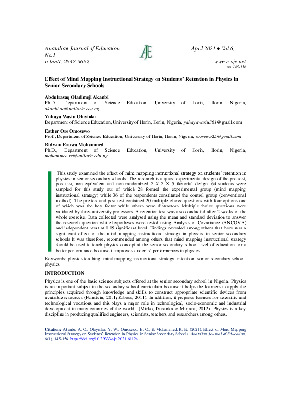 (PDF) Effect of Mind Mapping Instructional Strategy on Students’ Retention in Physics in Senior ...