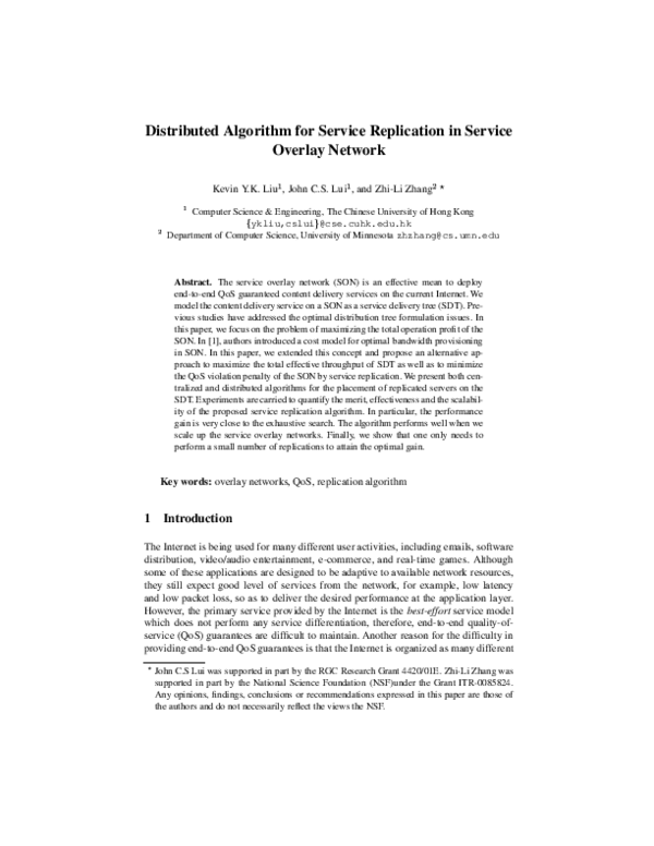 (PDF) Distributed Algorithm for Service Replication in Service Overlay Network