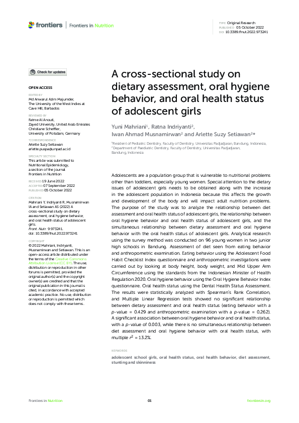 (PDF) A cross-sectional study on dietary assessment, oral hygiene behavior, and oral health ...