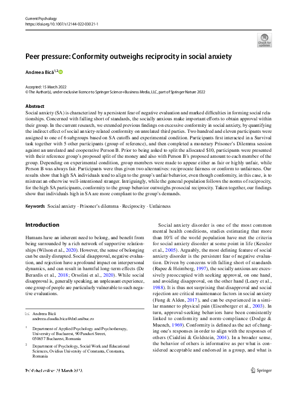 (PDF) Peer pressure: Conformity outweighs reciprocity in social anxiety
