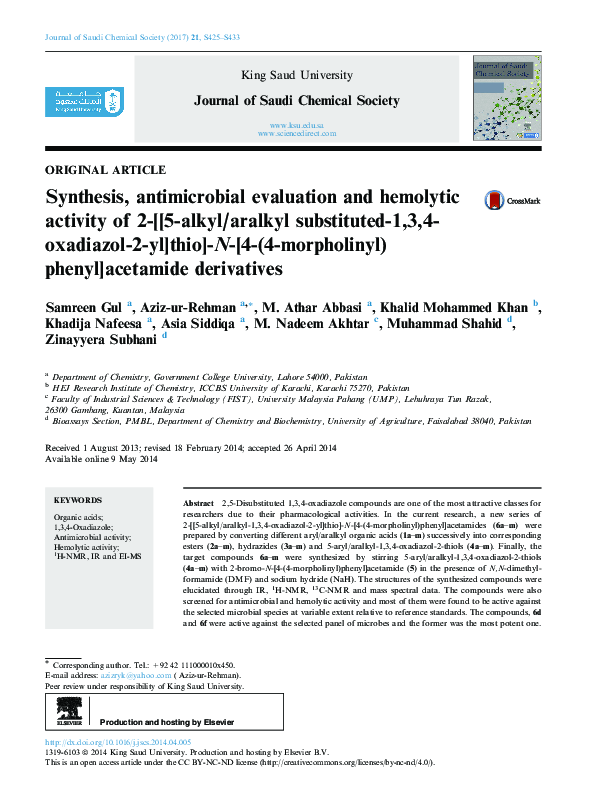 (PDF) Synthesis, antimicrobial evaluation and hemolytic activity of 2 ...