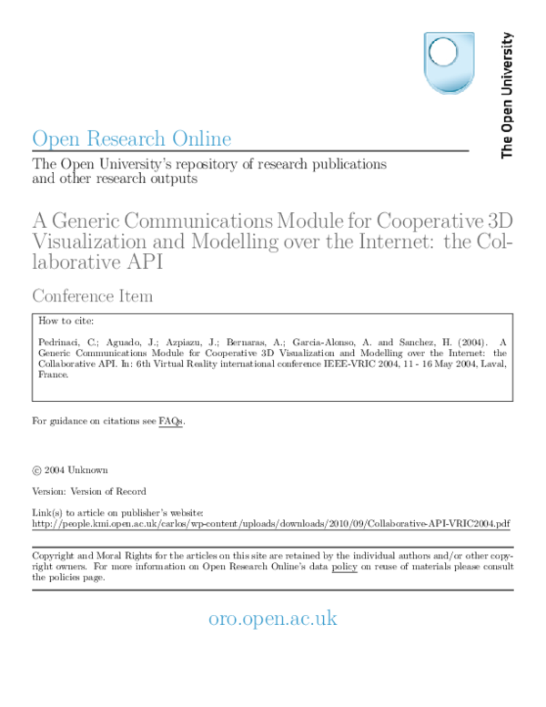 (PDF) A Generic Communications Module for Cooperative 3D Visualization and Modelling over the ...