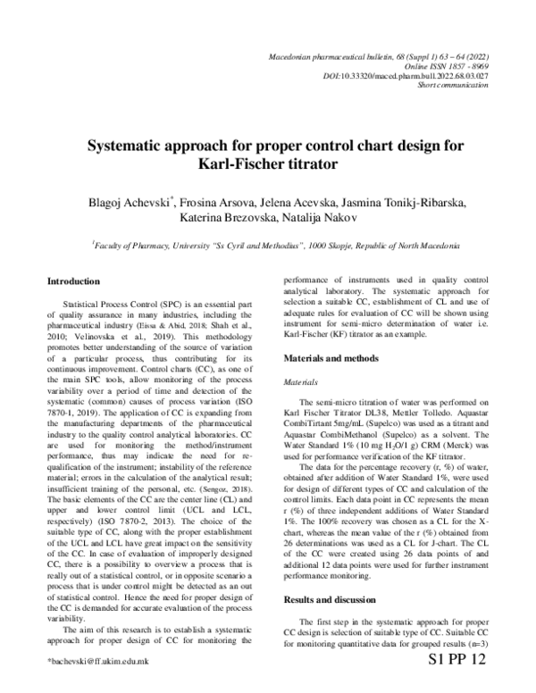 (PDF) Systematic approach for proper control chart design for Karl-Fischer titrator