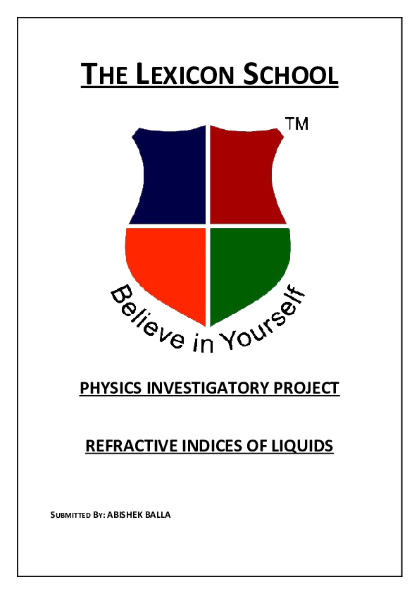 (DOC) Physics Project on Refractive Indices Of Liquids-Class 12