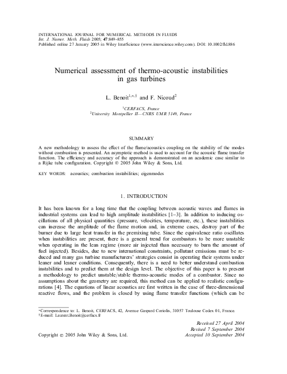 (PDF) Numerical assessment of thermo-acoustic instabilities in gas turbines