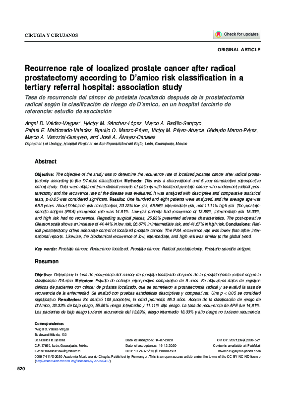 (PDF) Tasa de recurrencia del cáncer de próstata localizado después de ...