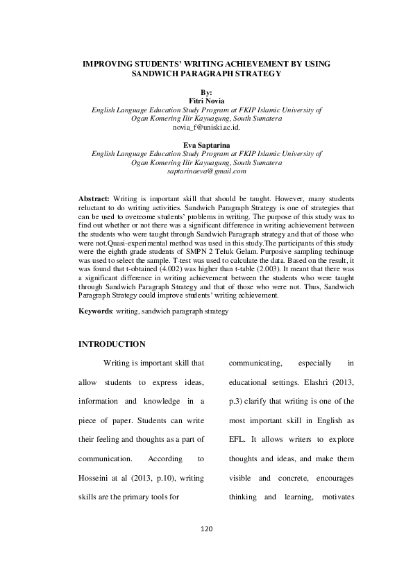 (PDF) Improving Students’ Writing Achievement by Using Sandwich Paragraph Strategy