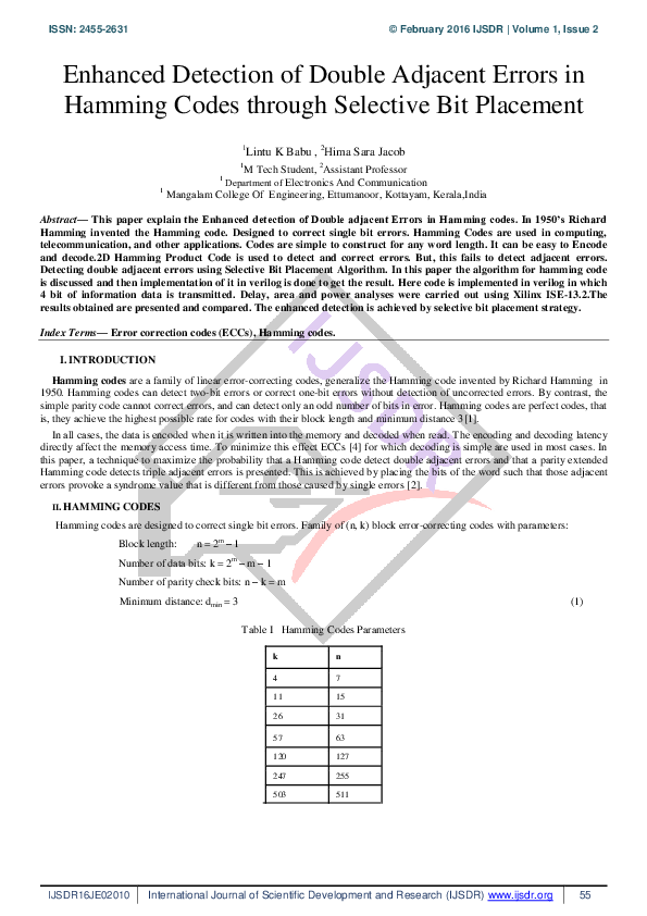 Pdf Enhanced Detection Of Double Adjacent Errors In Hamming Codes Through Selective Bit Placement