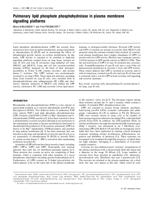 (PDF) Pulmonary lipid phosphate phosphohydrolase in plasma membrane ...