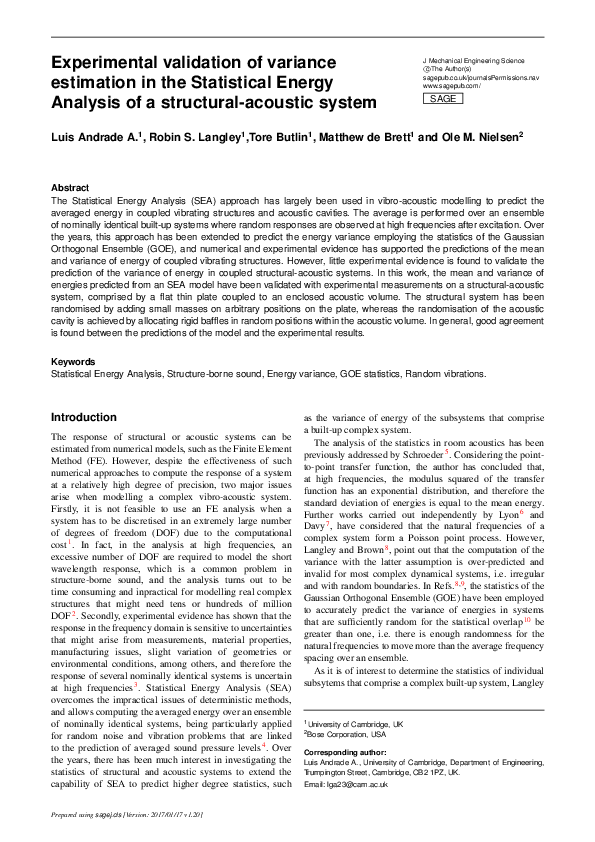 Pdf Experimental Validation Of Variance Estimation In The Statistical Energy Analysis Of A