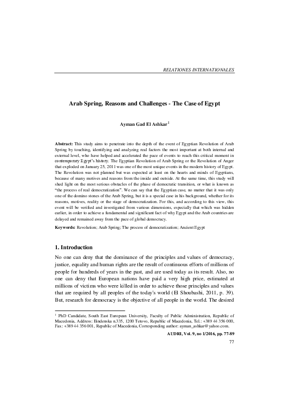 (PDF) Arab Spring, Reasons and Challenges-The Case of Egypt