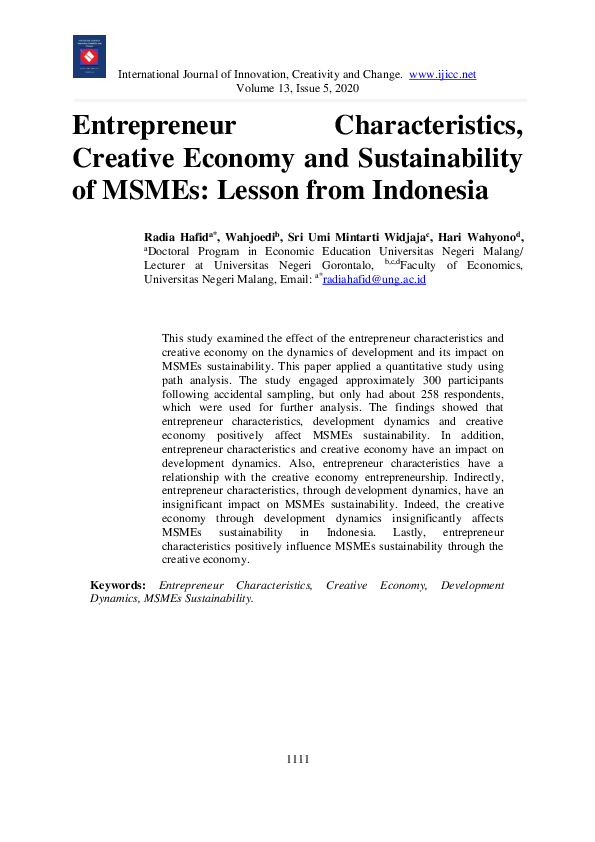 (PDF) Entrepreneur Characteristics, Creative Economy and Sustainability ...