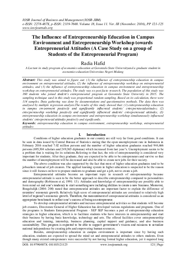 (PDF) The Influence of Entrepreneurship Education in Campus Environment ...