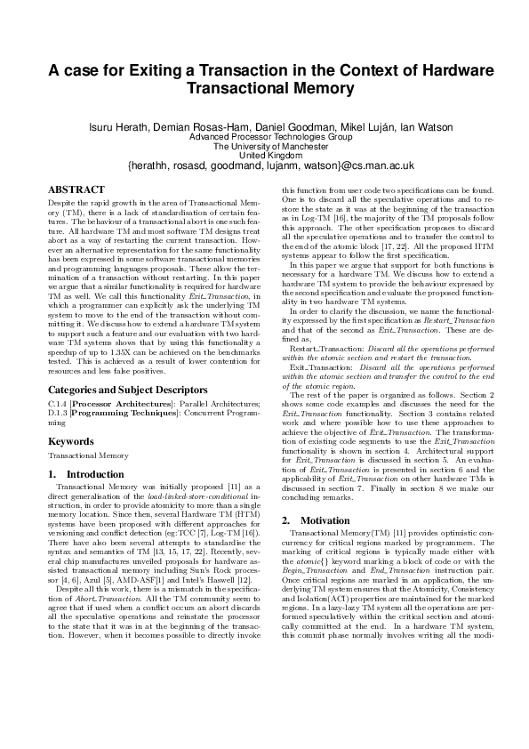 (PDF) A case for Exiting a Transaction in the Context of Hardware Transactional Memory