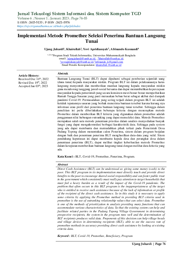 (PDF) Implementasi Metode Promethee Seleksi Penerima Bantuan Langsung Tunai
