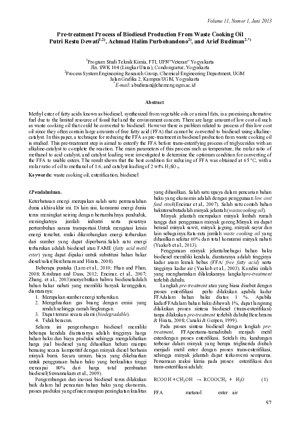 (PDF) Pre-treatment Process of Biodiesel Production From Waste Cooking Oil