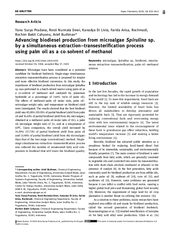 (PDF) Advancing biodiesel production from microalgae Spirulina sp. by a simultaneous extraction ...