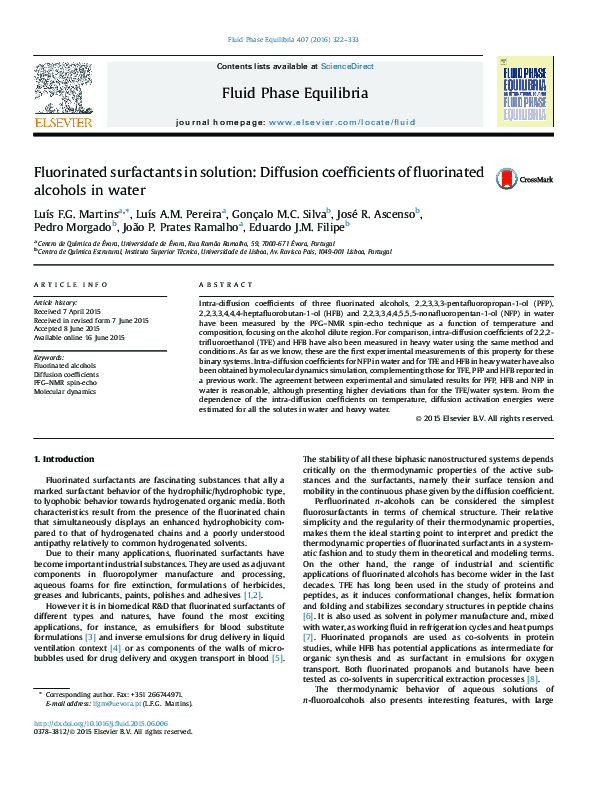 (PDF) Fluorinated surfactants in solution: Diffusion coefficients of fluorinated alcohols in water