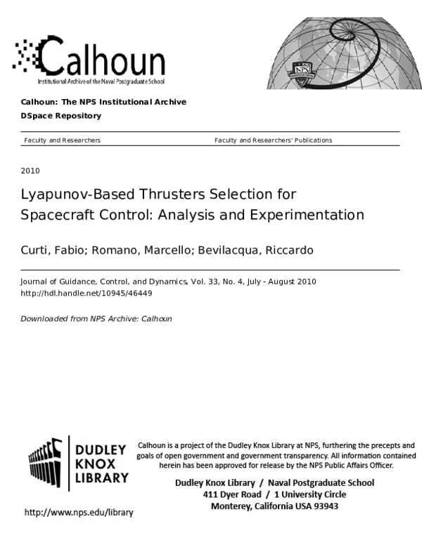 (PDF) Lyapunov-Based Thrusters' Selection for Spacecraft Control: Analysis and Experimentation